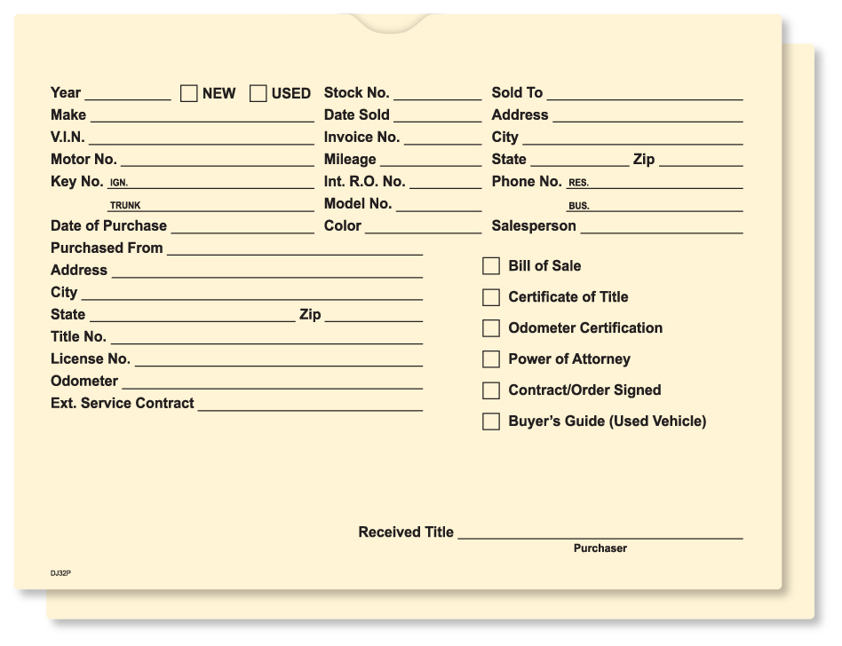 Printed Vehicle Deal Jackets (Package of 500)